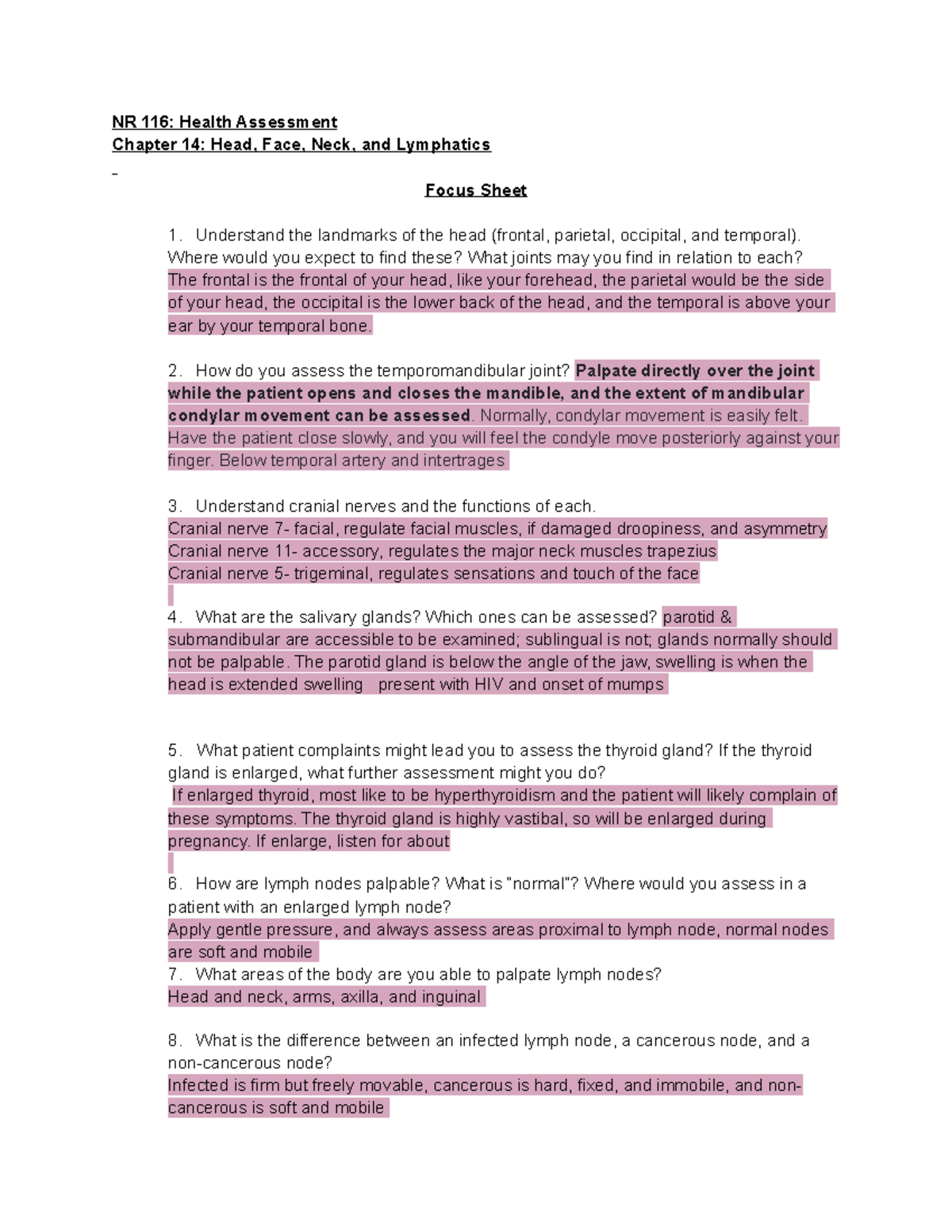 Head, Face, Neck, and Lymphatics Heath assessment - NR 116: Health ...