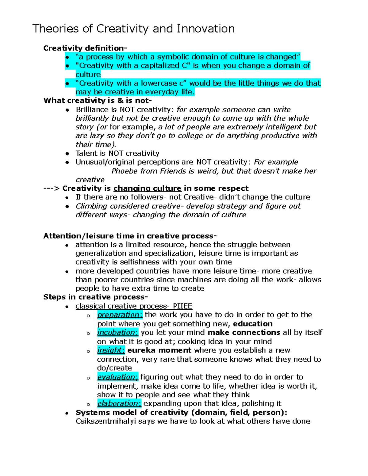 Test 1 Review - Congregated class notes - Theories of Creativity and ...