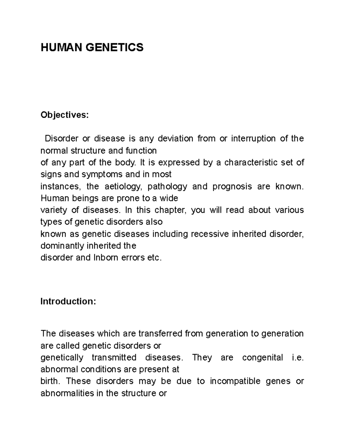 Human Genetics ( genitics) - HUMAN GENETICS Objectives: Disorder or ...