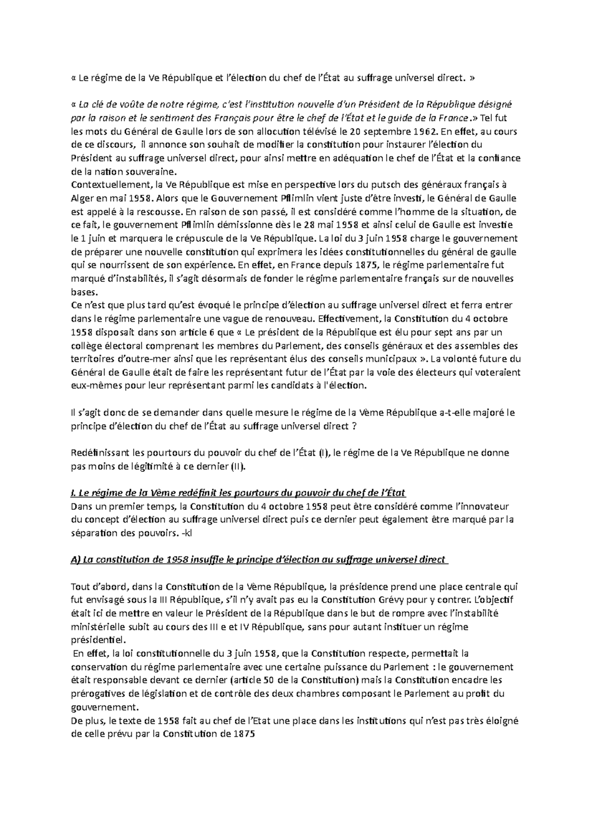 Dissertation sur le Président de la République - Droit constitutionnel ...