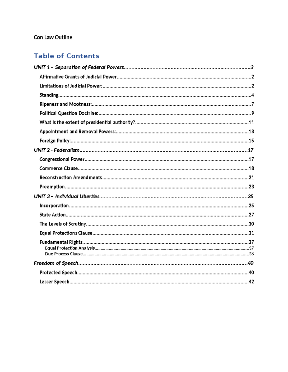 Constitutional Law Outline - Con Law Outline UNIT 1 – Separation of ...