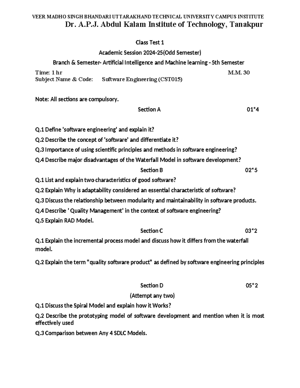 CT 1 SE AIML - Class TEST 1 Unit 1 - VEER MADHO SINGH BHANDARI ...