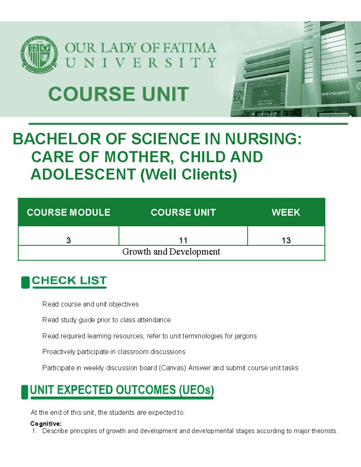 Course UNIT Week 13 - N/A - BACHELOR OF SCIENCE IN NURSING: CARE OF ...