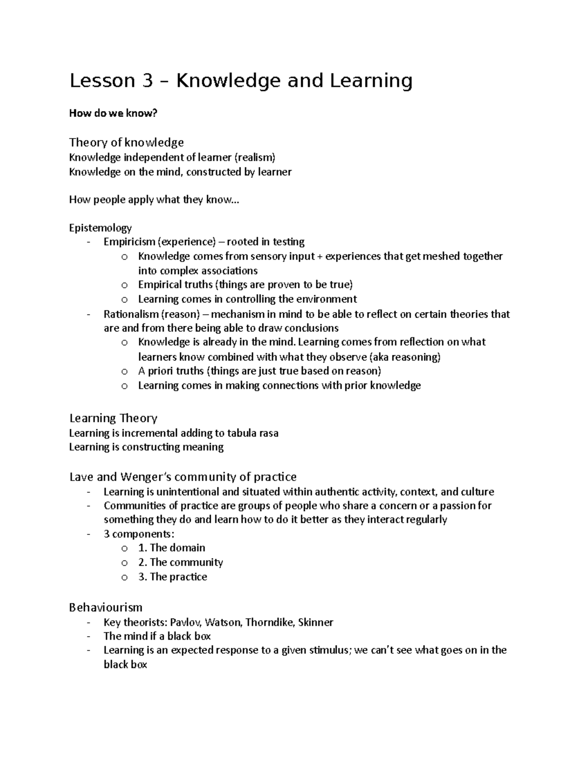Lesson 3 - notes educ 307 - Lesson 3 – Knowledge and Learning How do we ...
