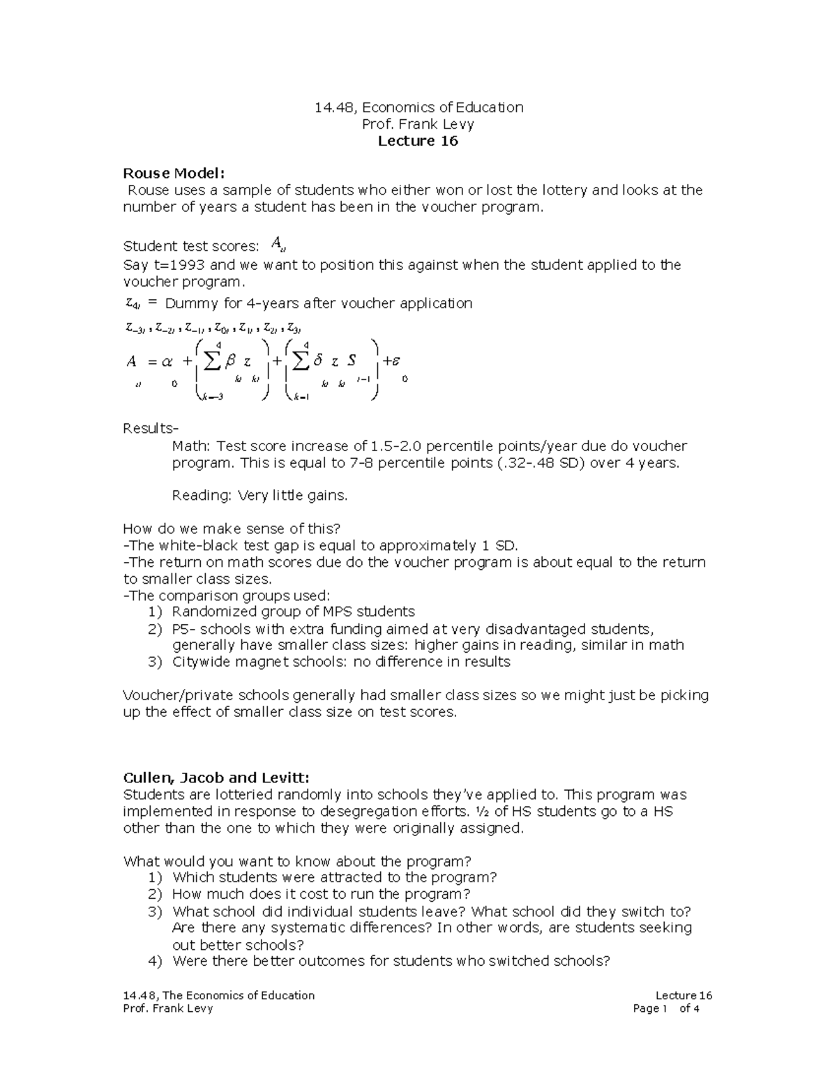 School vouchers and parental choice, Rouse model, Cullen, Jacob, and ...