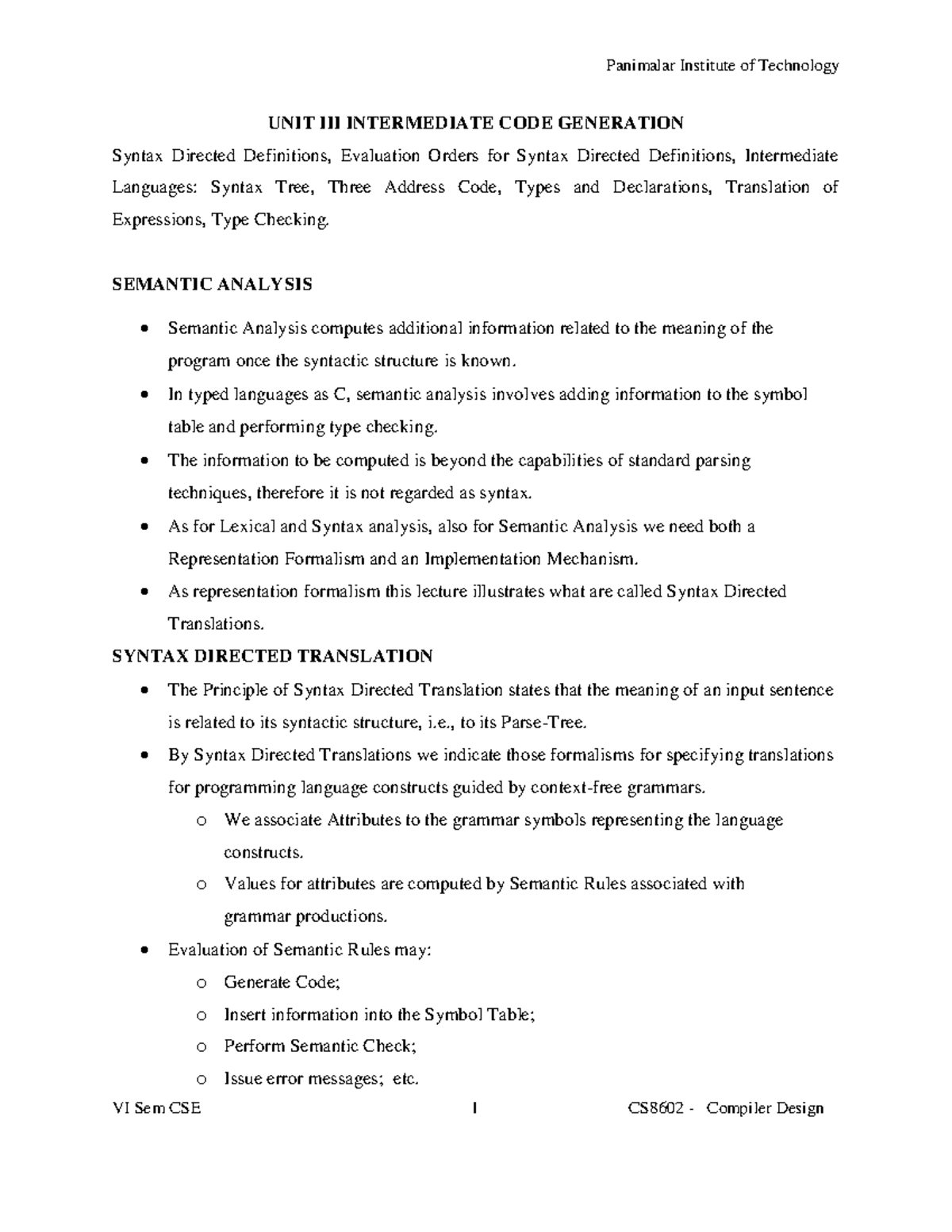 Design of Compiler - UNIT III INTERMEDIATE CODE GENERATION Syntax ...