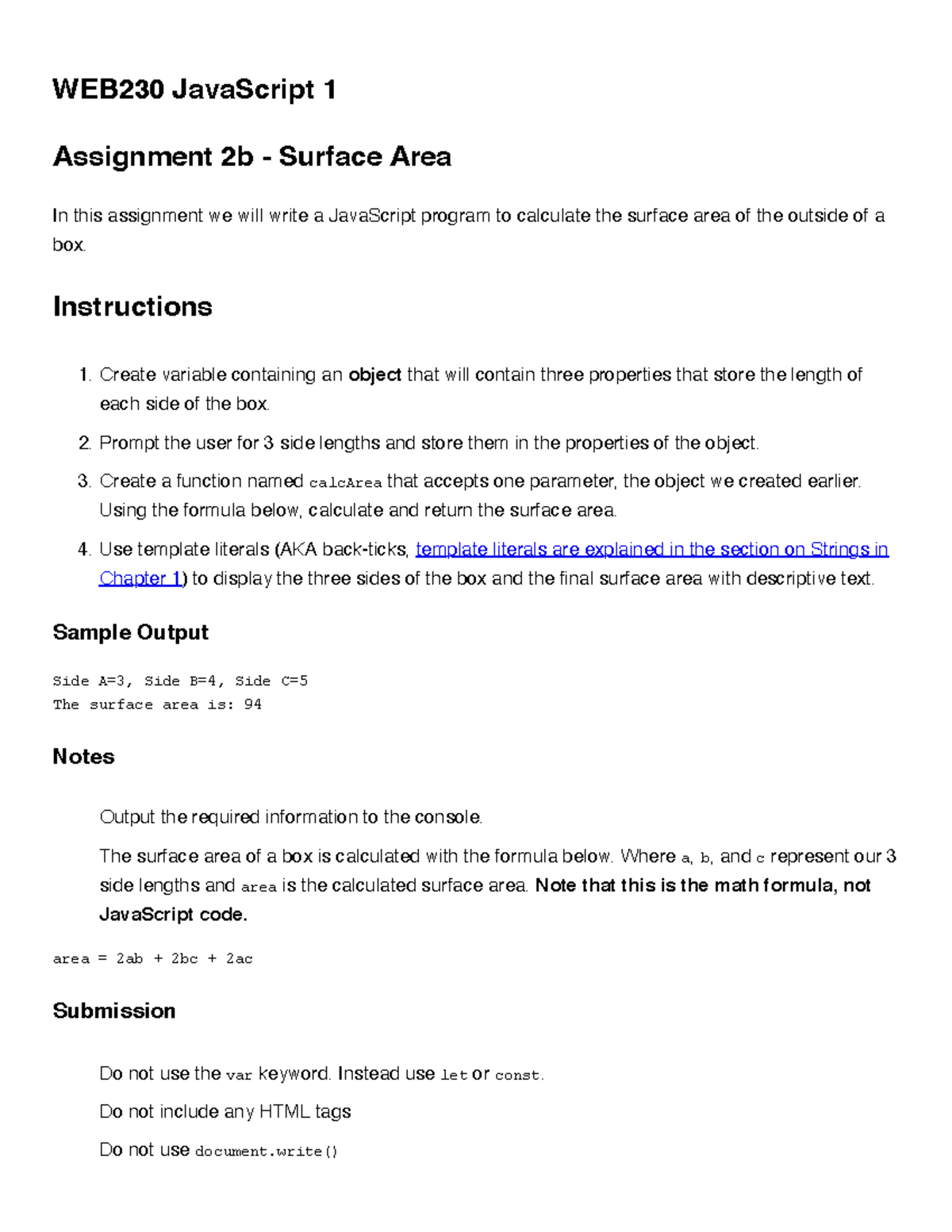 Assignment 2b Averaging The Sum Web230 Javascript 1 Assignment 2b Surface Area In This