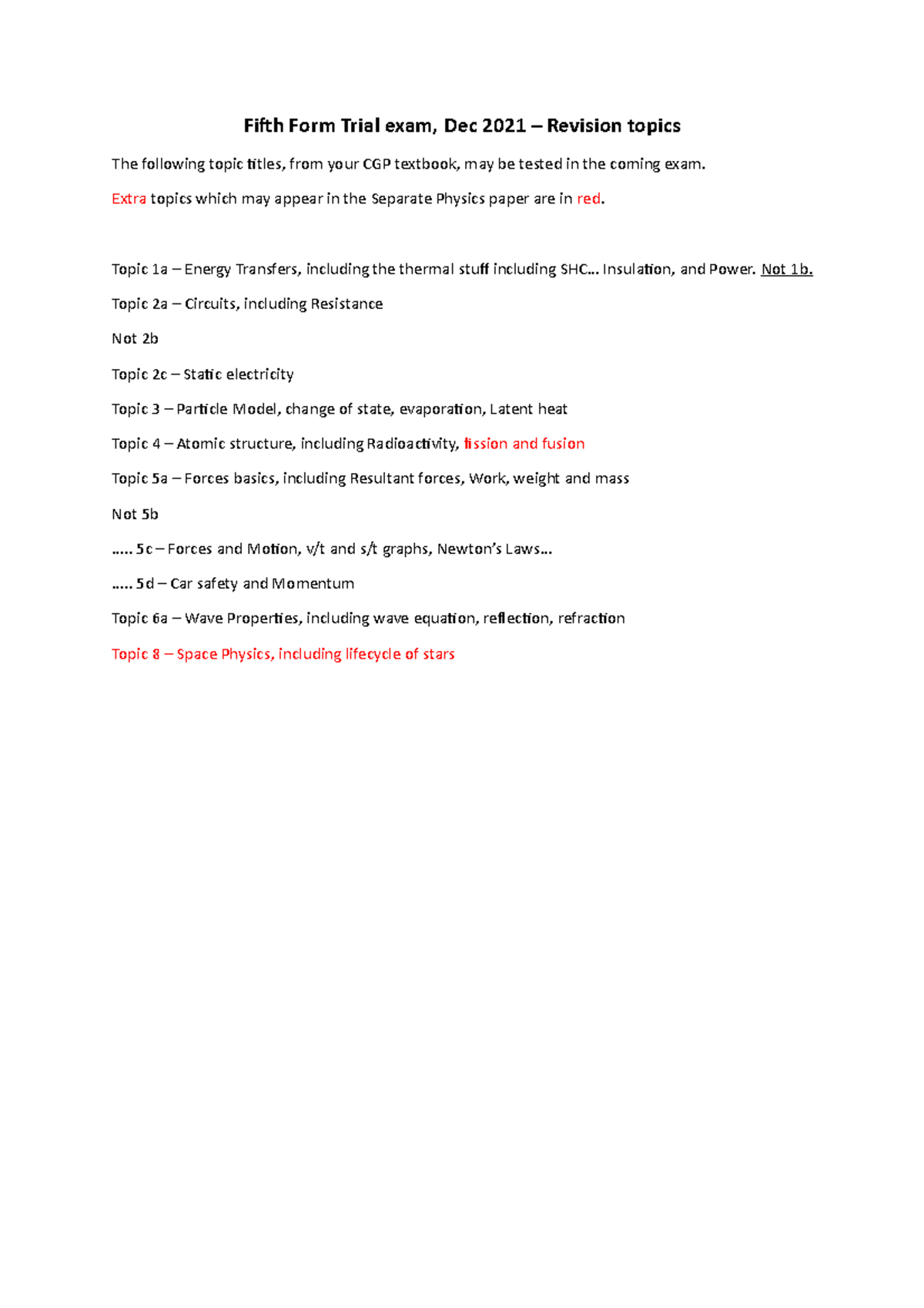 Revision topics, Nov 21 - Fifth Form Trial exam, Dec 2021 – Revision ...
