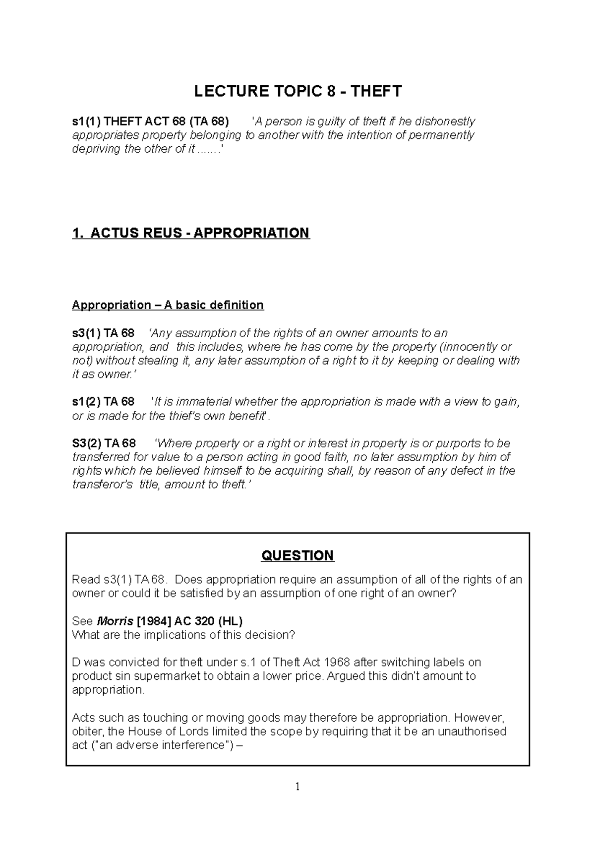 Lecture Topic 8 - Theft - LECTURE TOPIC 8 - THEFT s1(1) THEFT ACT 68 ...