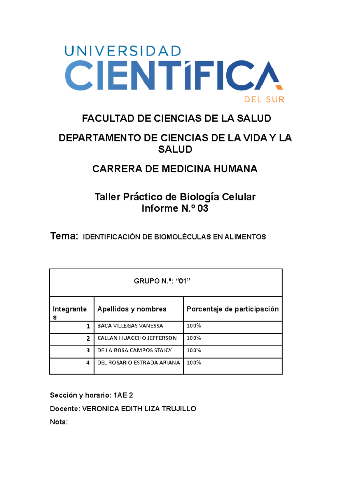 INFO Biologia Biomole OF - FACULTAD DE CIENCIAS DE LA SALUD ...