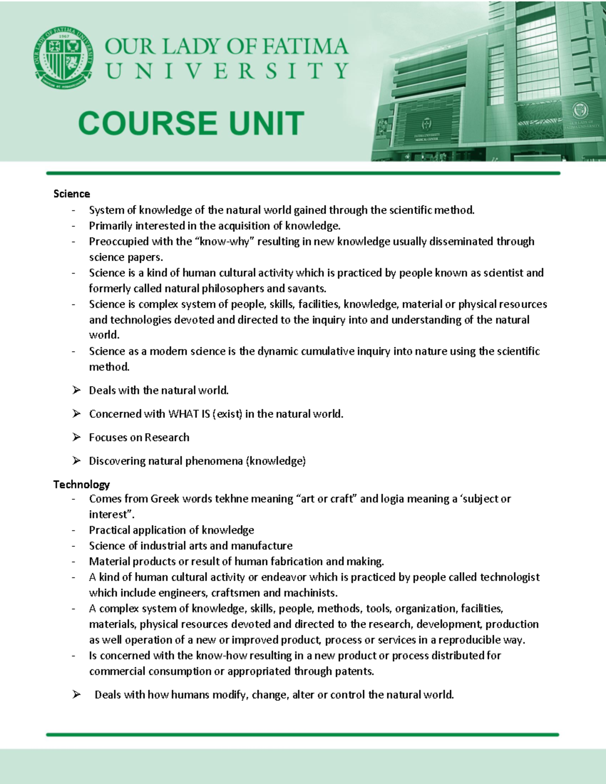 Course unit- introduction to science, technology and society - Science ...