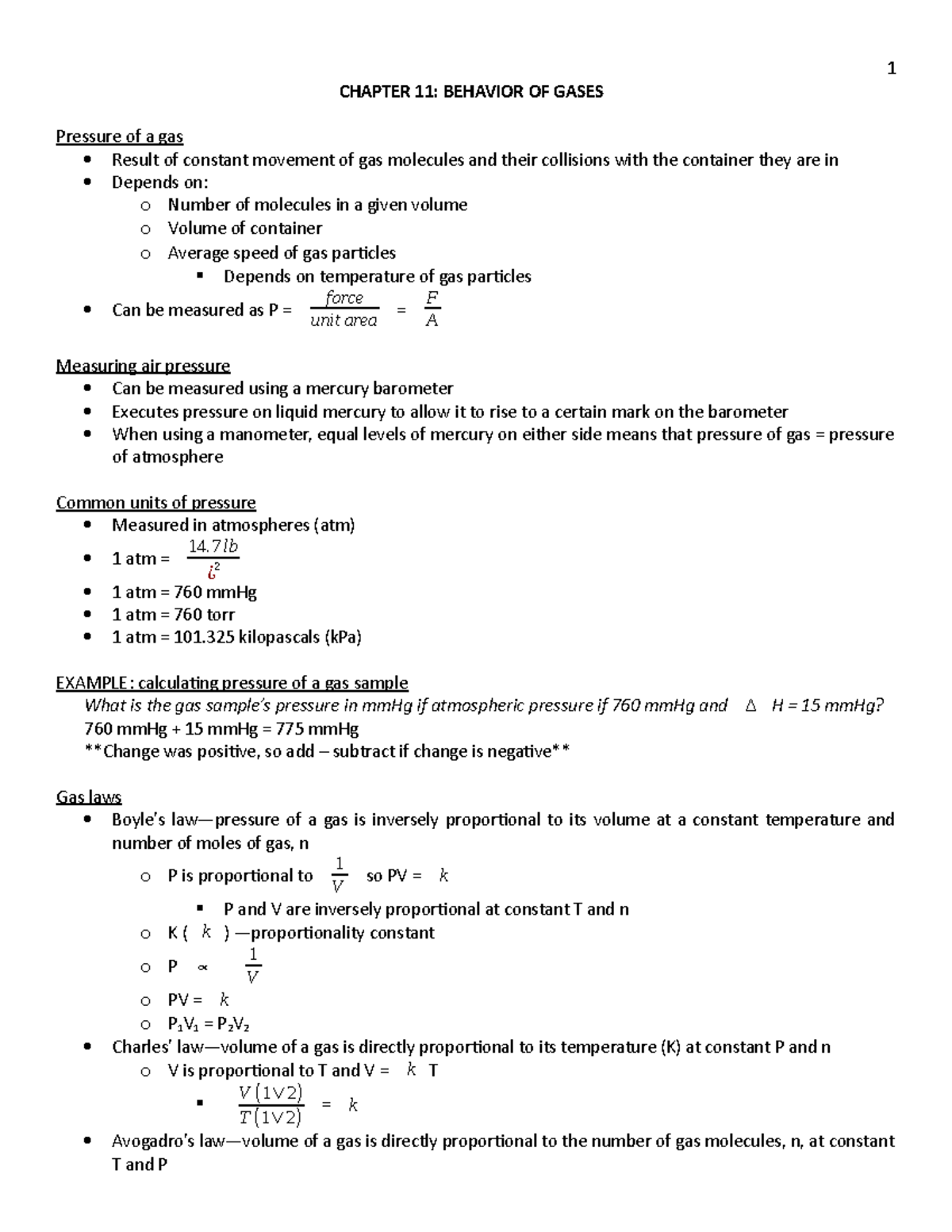 Chemistry 2015-11-9 chapter 11 notes - CHAPTER 11: BEHAVIOR OF GASES ...