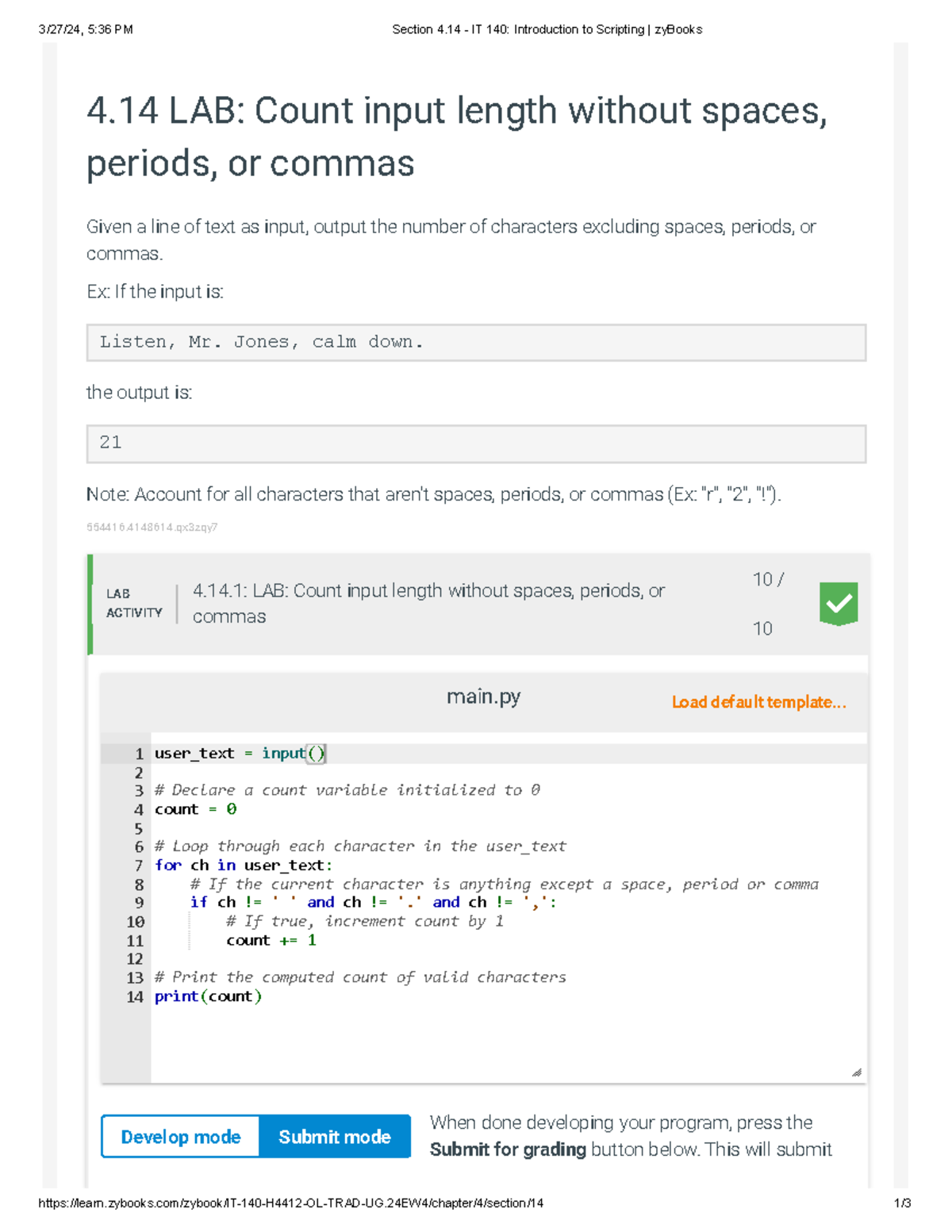 LAB 4.14 - Count input length without using spaces - 3/27/24, 5:36 PM Section 4 - IT 140: - Studocu