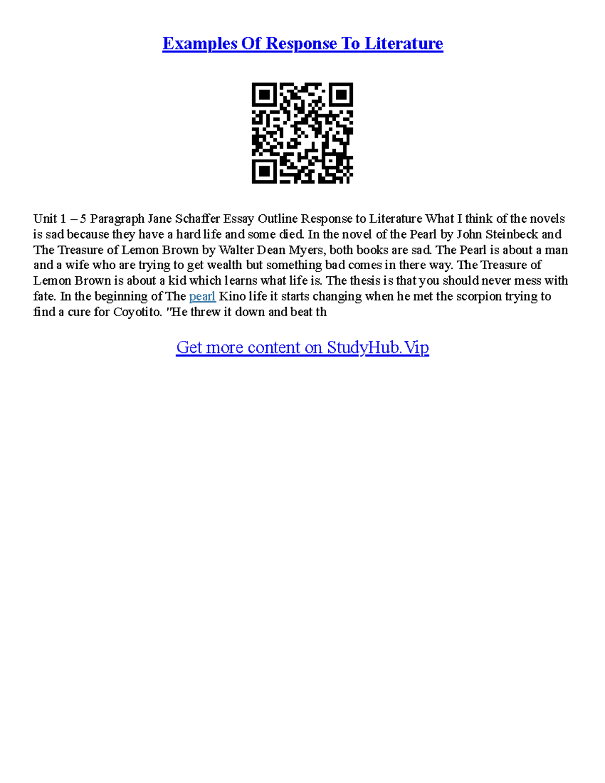 Example Of Literary Essay - Examples Of Response To Literature Unit 1 ...