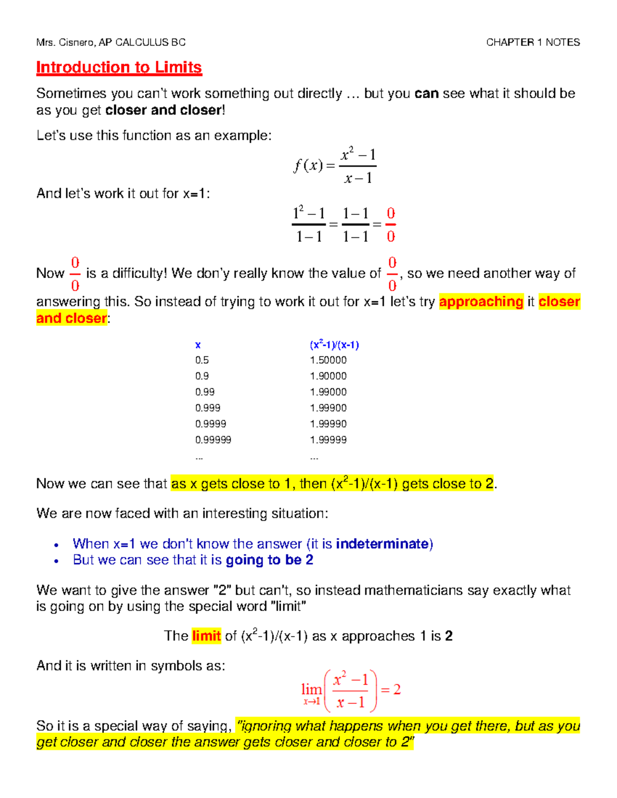 Limits Notes - Introduction to Limits Sometimes you can’t work ...