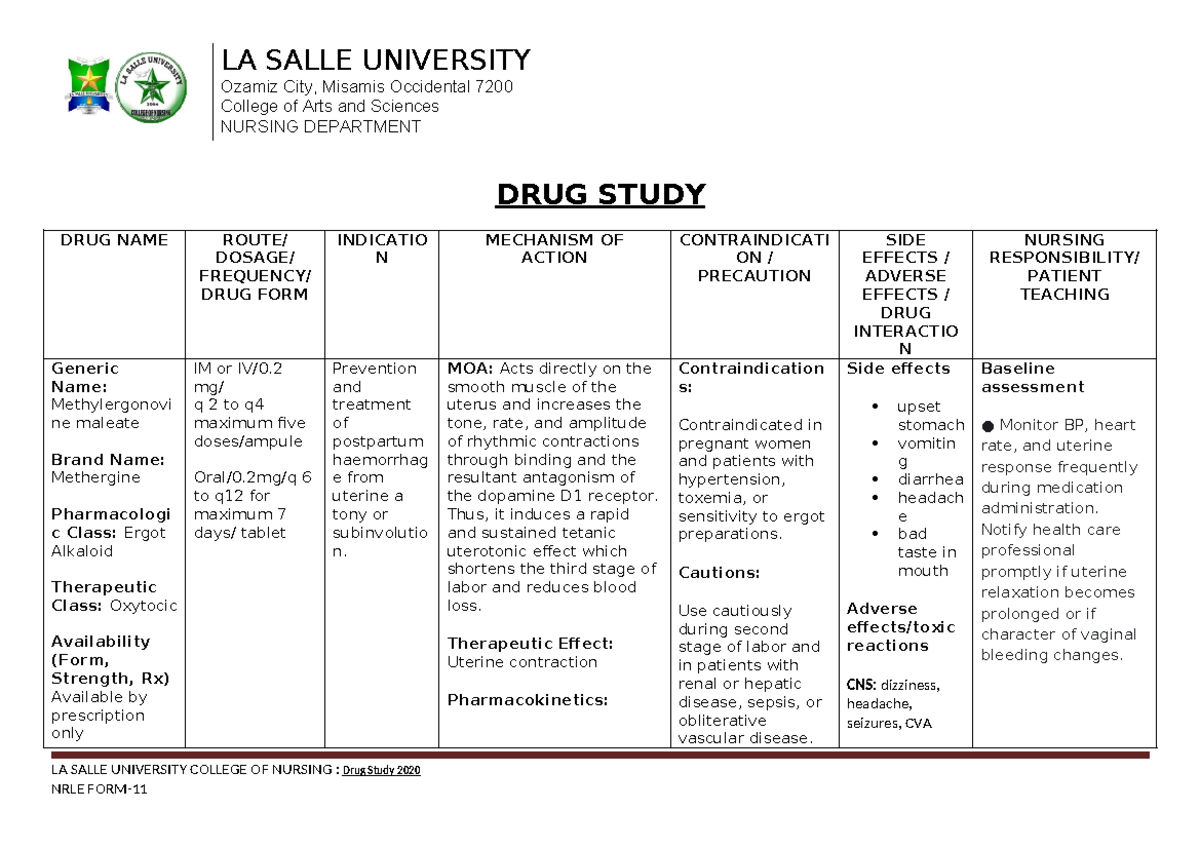 LSU DRUG Study 2021 John Revil OB - DRUG STUDY DRUG NAME ROUTE/ DOSAGE ...