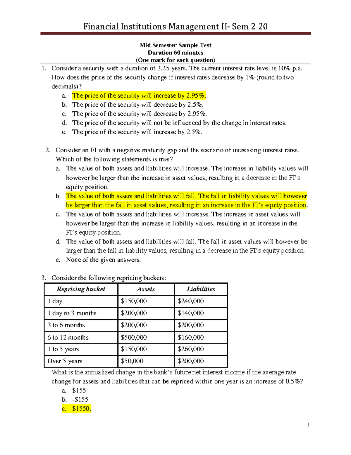 Financial Institutions Management Mid Semester Sample Test - Studocu
