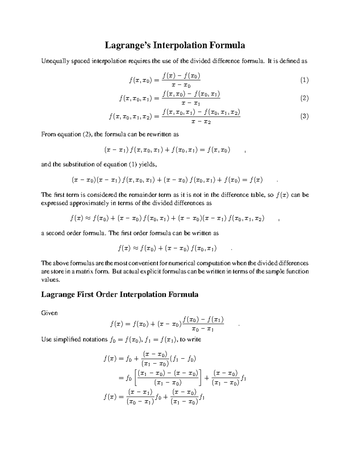 Lagrange - ।... - Lagrange’s Interpolation Formula Unequally spaced interpolation requires the ...