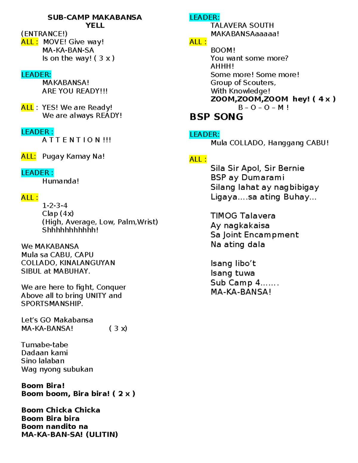 BSP SUB CAMP Makabansa YELL and SONG - SUB-CAMP MAKABANSA YELL ...