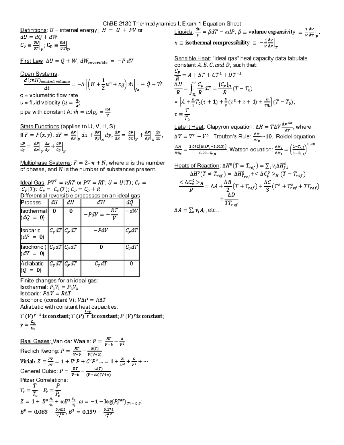 Exam 1 Equation Sheet - Thermo I, or Thermodynamics I, is an ...