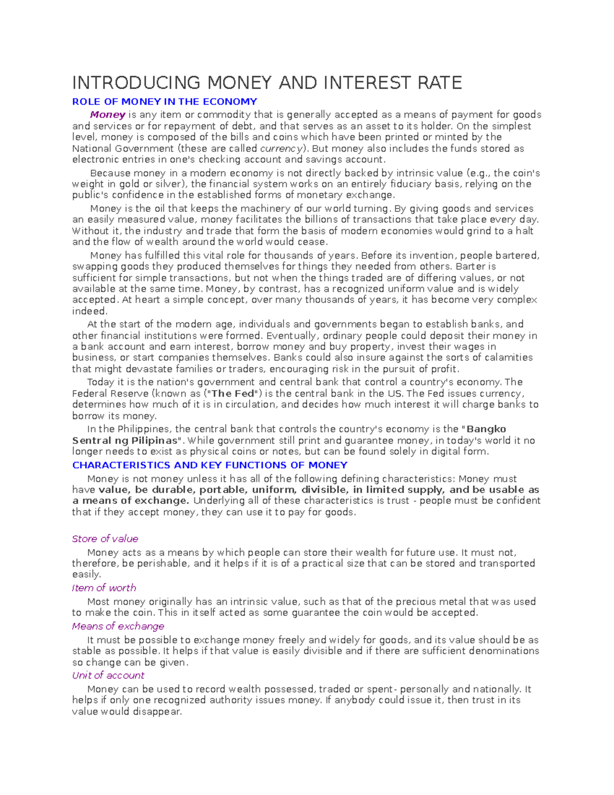 Financial Market - Lecture Notes - INTRODUCING MONEY AND INTEREST RATE ...