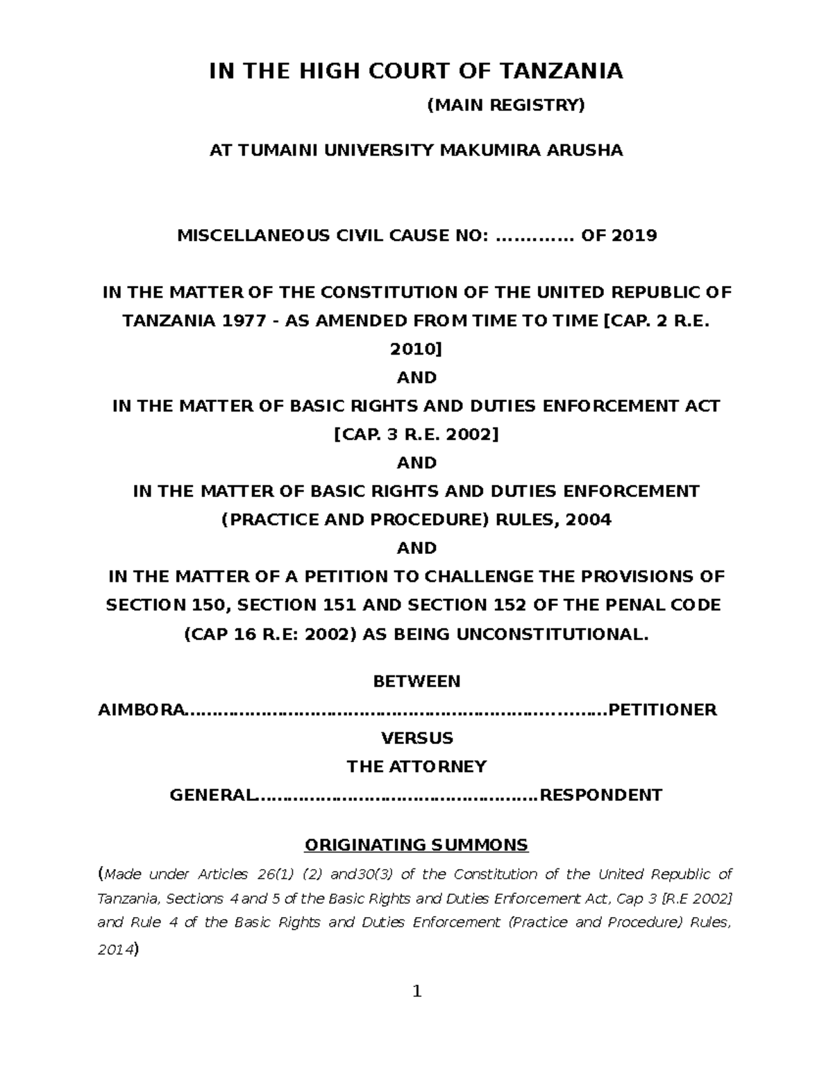 IN THE HIGH Court OF Tanzania - IN THE HIGH COURT OF TANZANIA (MAIN REGISTRY) AT TUMAINI ...