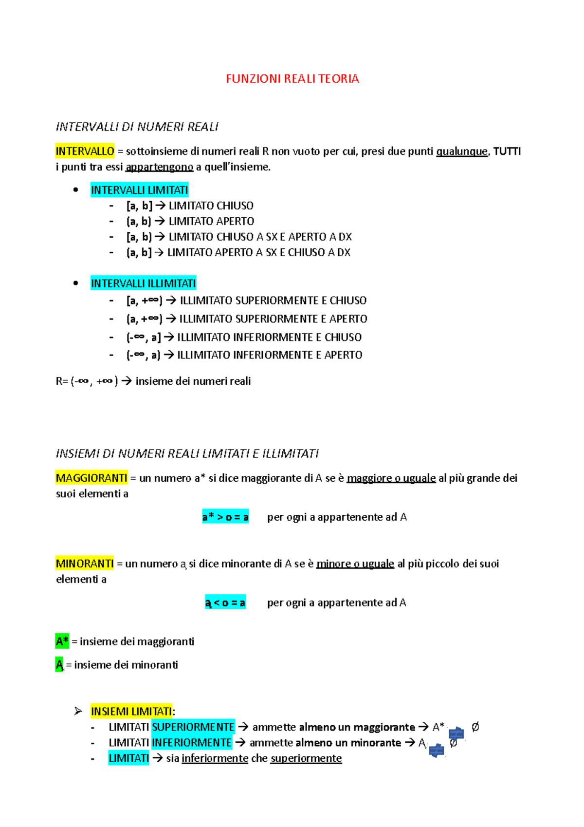 Matematica Generale - Teoria di Funzioni Reali - FUNZIONI REALI TEORIA INTERVALLI DI NUMERI ...