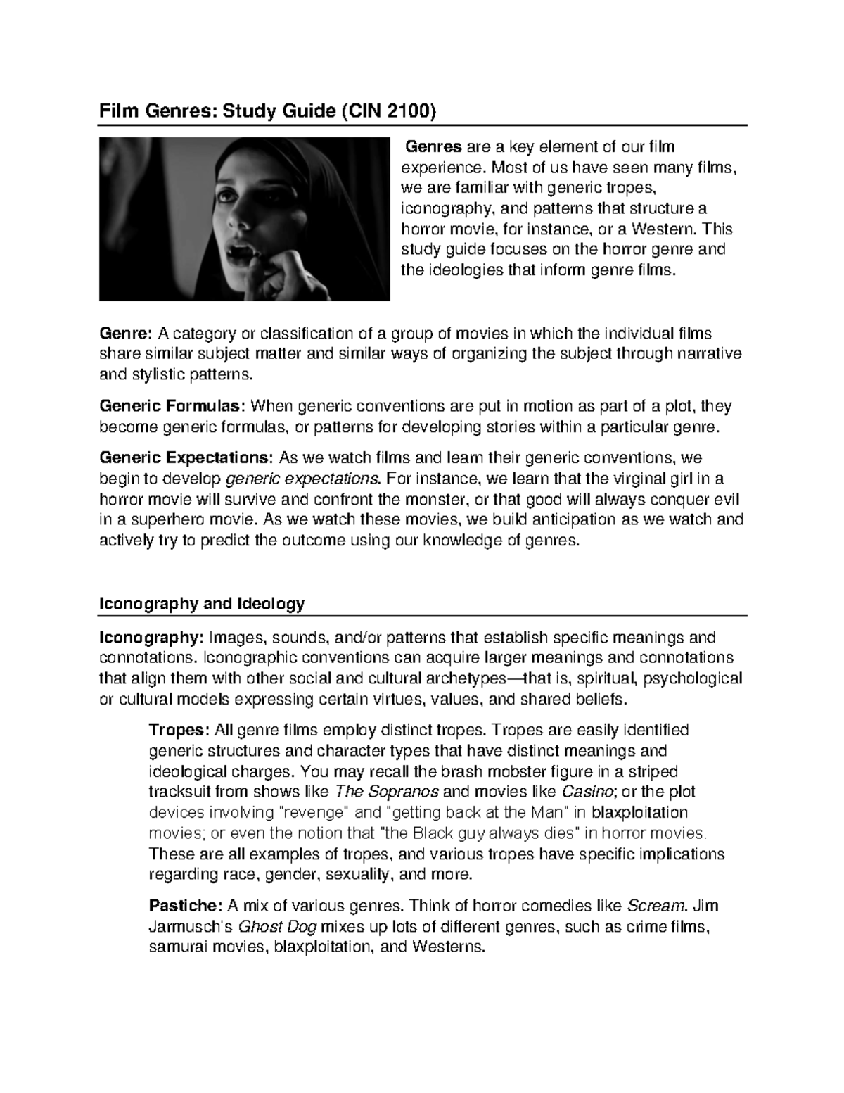 FLM 2100- Genre Study Guide Part 1 - Film Genres: Study Guide (CIN 2100 ...