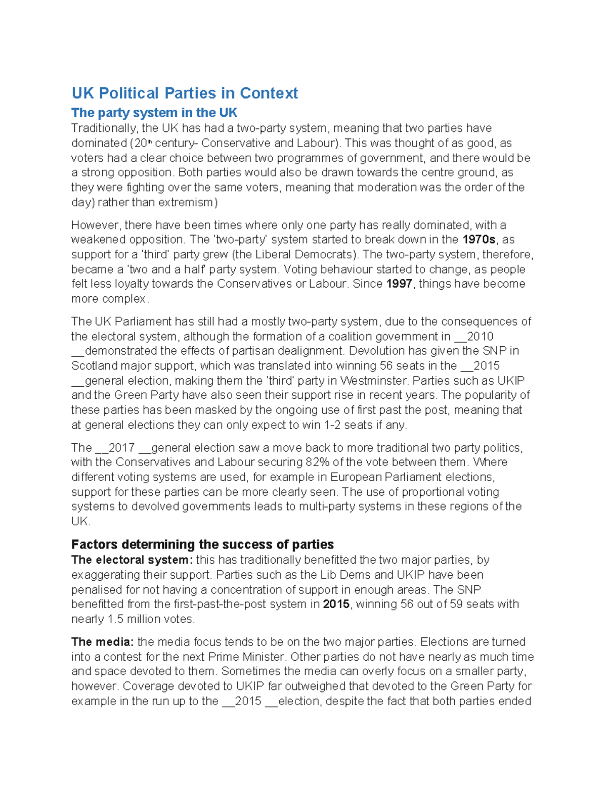 Politics - UK Political Parties in Context The party system in the UK ...