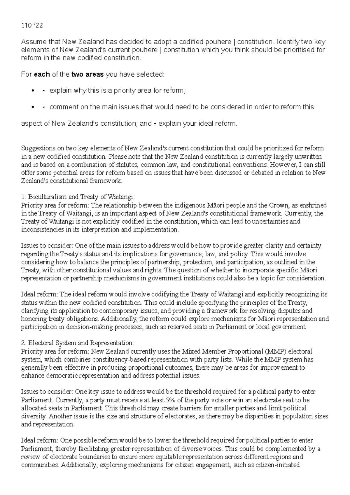 110 - constitutional reform - 110 ‘ Assume that New Zealand has decided ...