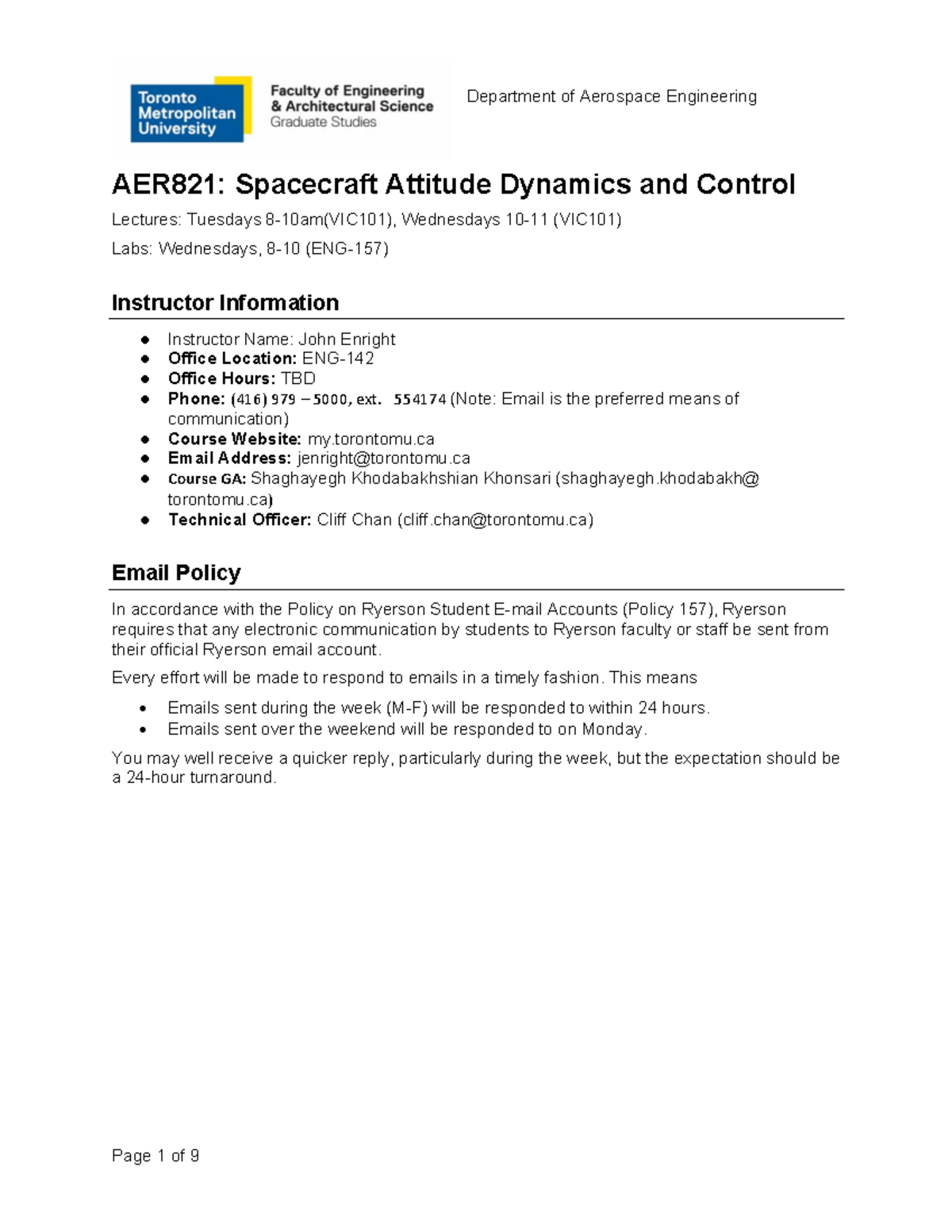 Course Outline - Department of Aerospace Engineering AER821: Spacecraft ...