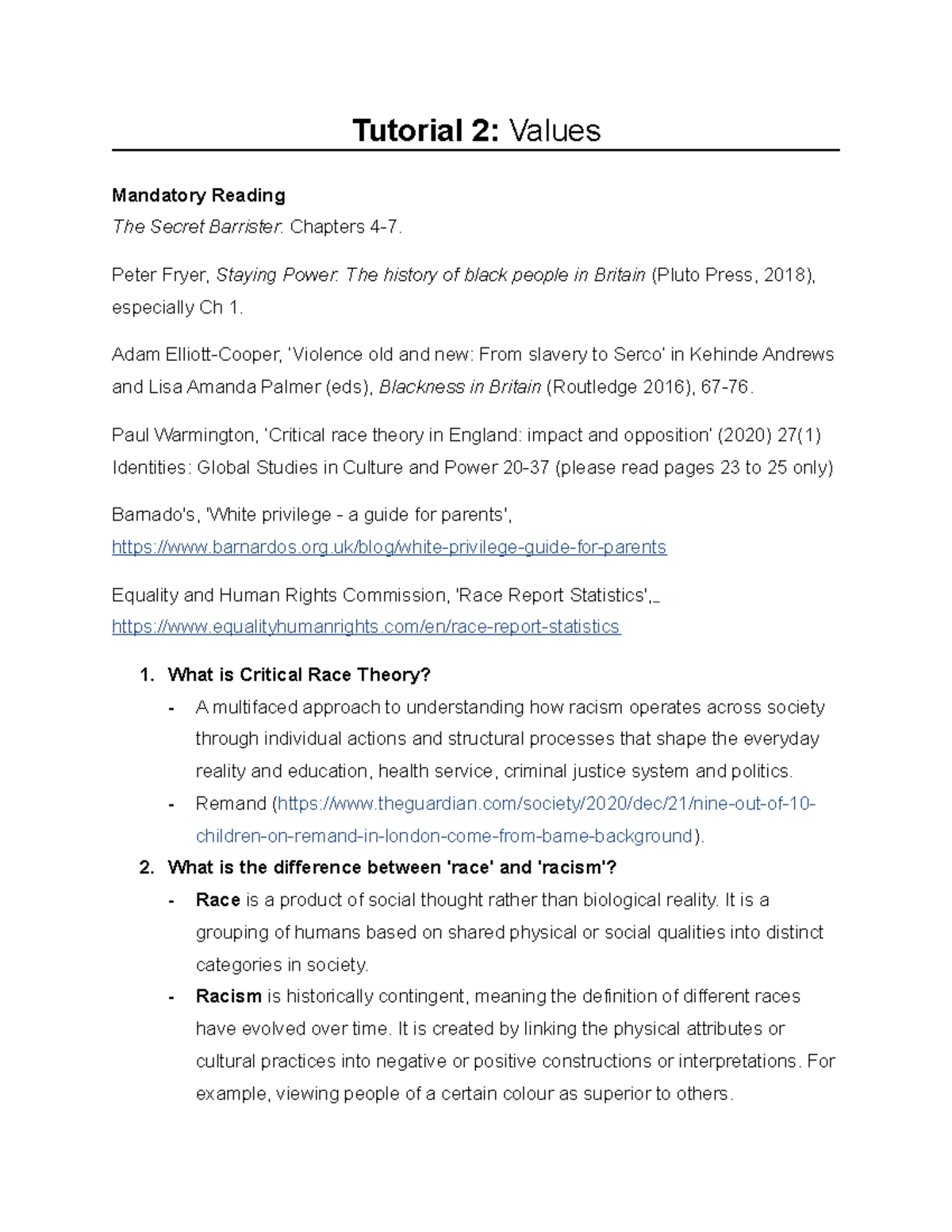 Law, Justice, and Society - Tutorial 2 - Tutorial 2: Values Mandatory ...