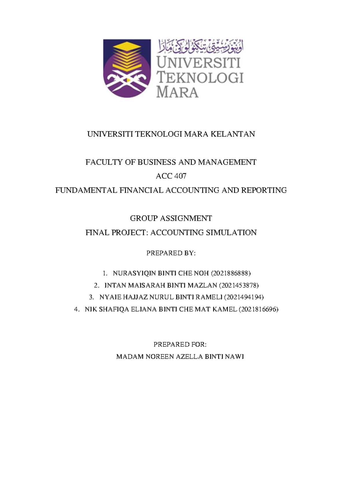 ACC 407 – Fundamental Financial Accounting & Reporting FOR Final ...