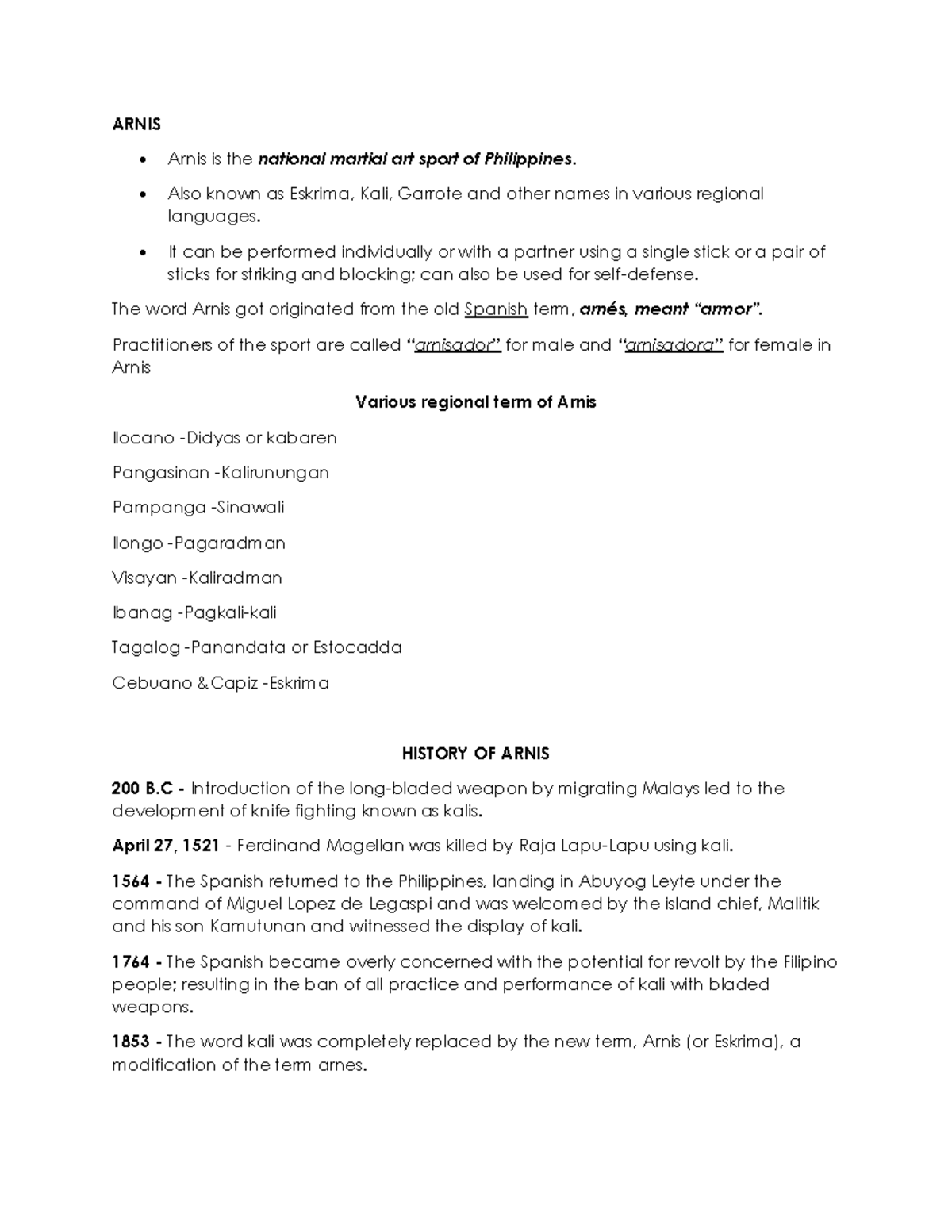 Pathfit- Reviewer- Finals - ARNIS Arnis is the national martial art ...