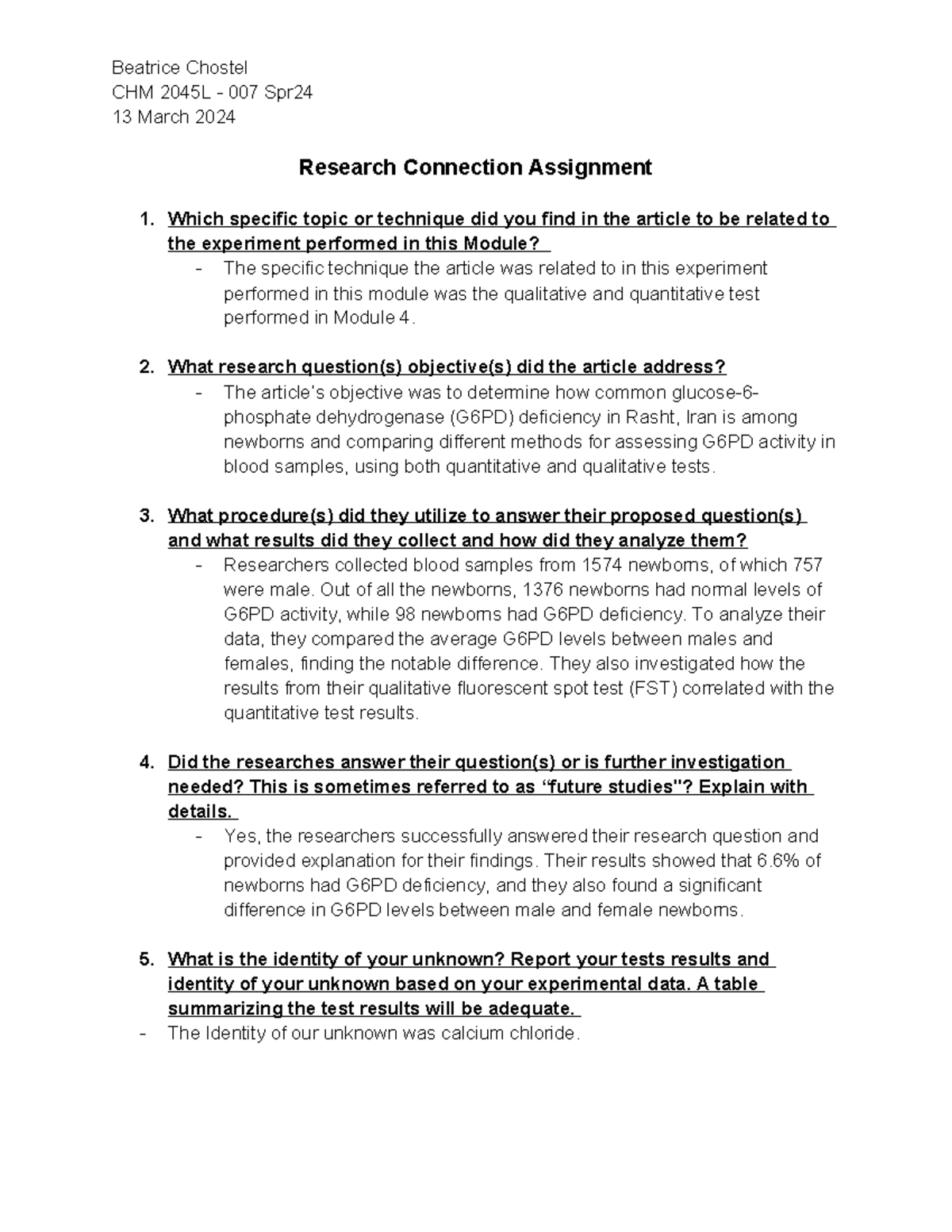 Research Connection Assignment - Beatrice Chostel CHM 2045L - 007 Spr 13 March 2024 Research ...