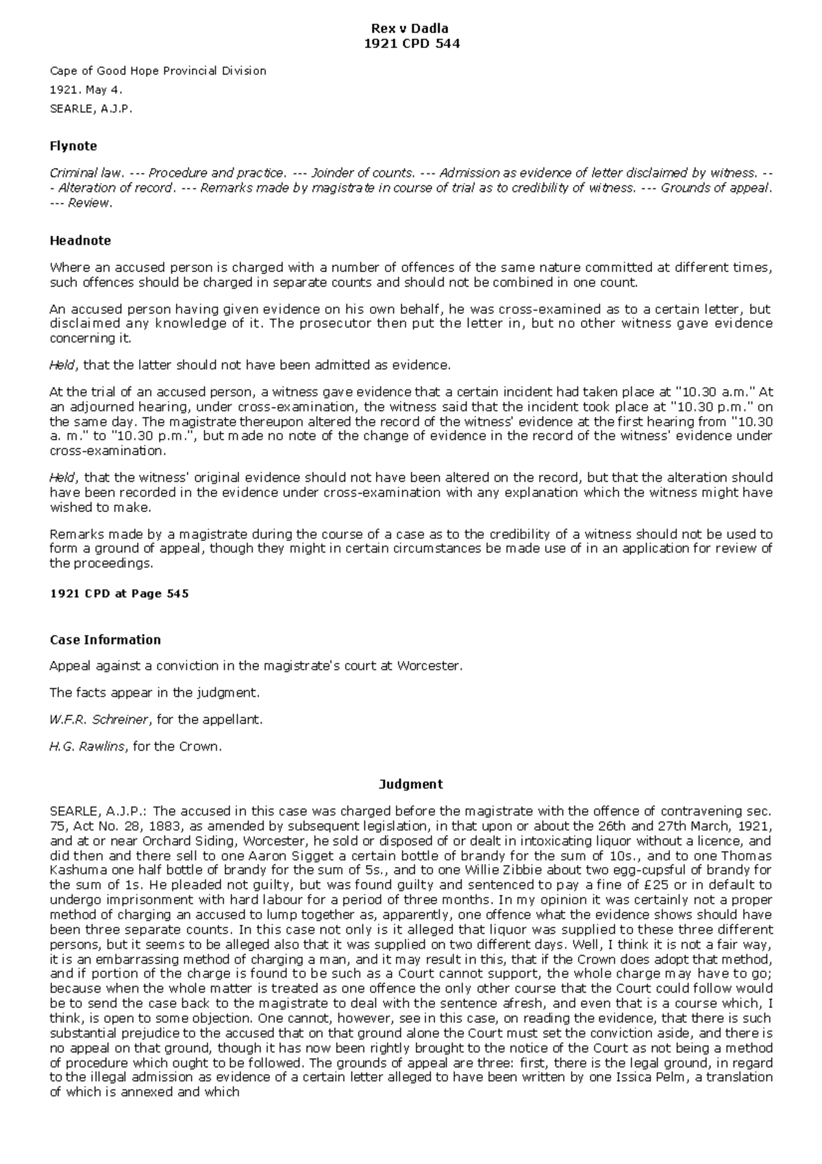 R v Dladla 1921 CPD 544 - Case - Rex v Dadla 1921 CPD 544 Cape of Good ...