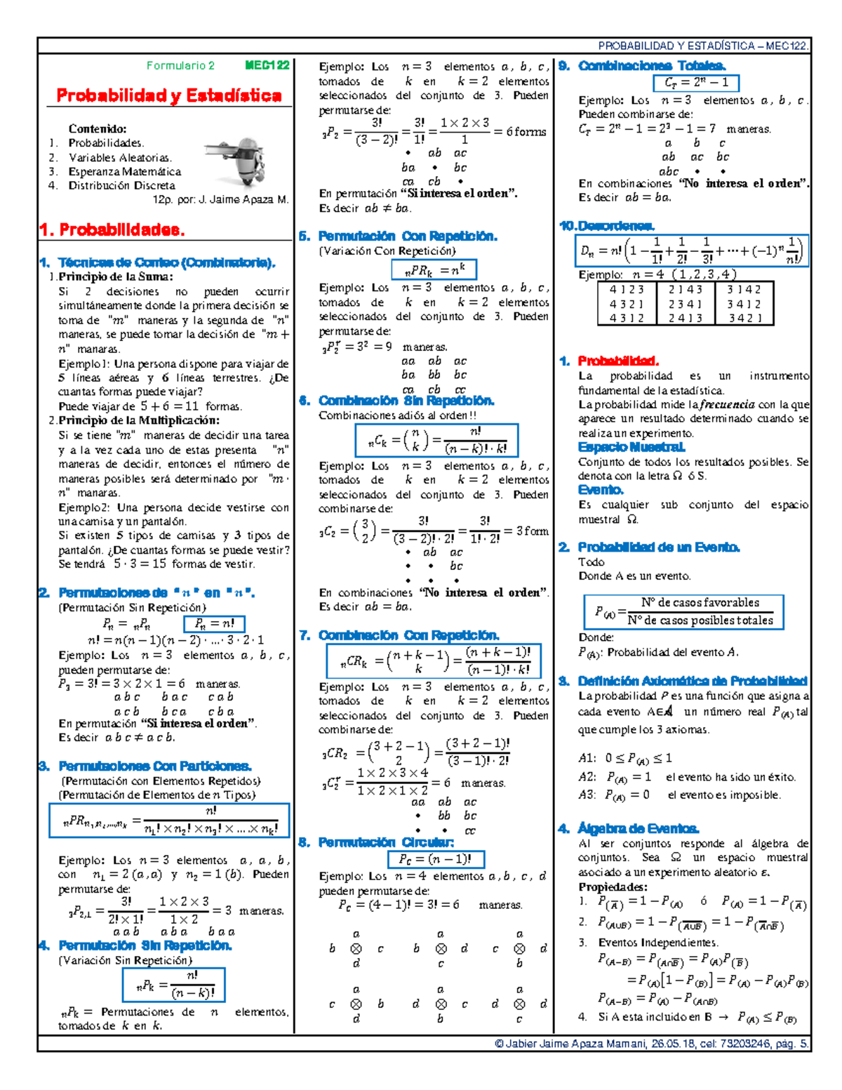 2 Formulario Probabilidad, Conteo, V.A. y D. Discretas - Formulario 2 ...