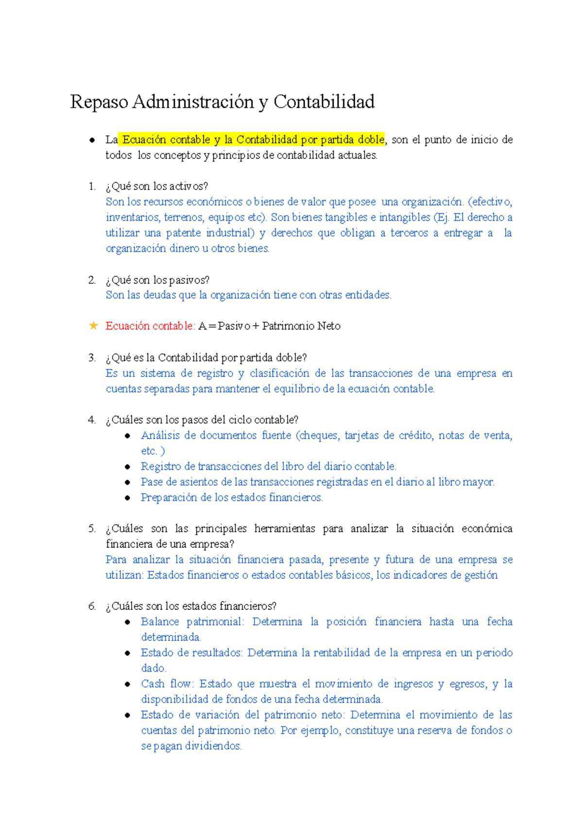 Repaso Admin y Cont - Repaso Administración y Contabilidad La Ecuación contable y la ...