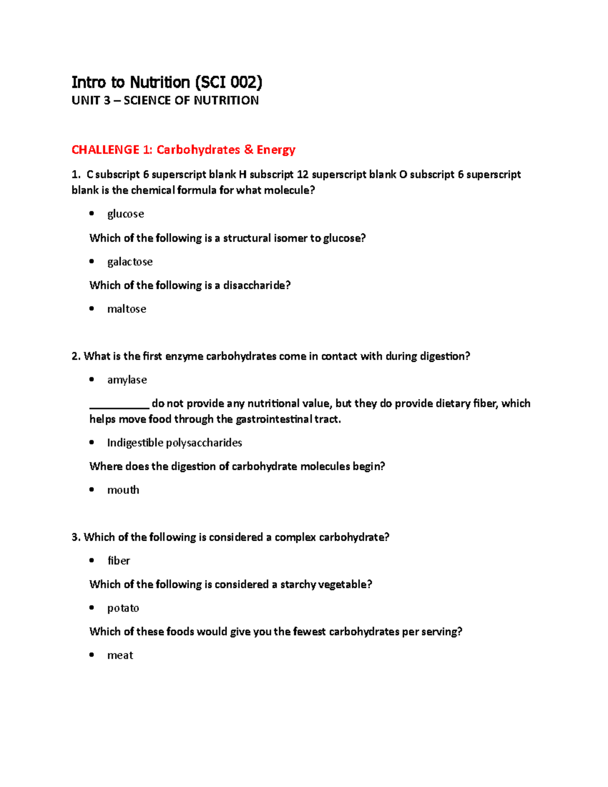 Intro to Nutri-SCI 002- Unit 3 - Intro to Nutrition (SCI 002 ) UNIT 3 ...