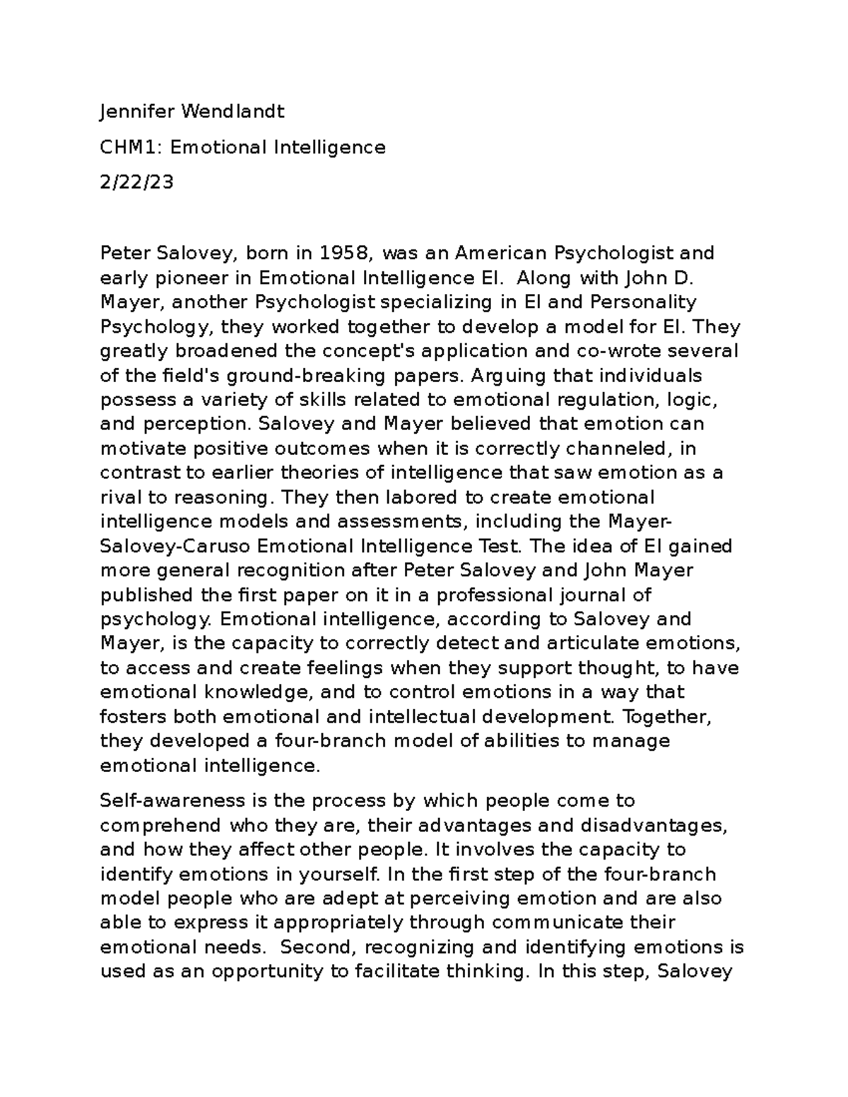 CHM1 Task 1 - Emotional Intelligence Essay - Jennifer Wendlandt CHM1 ...