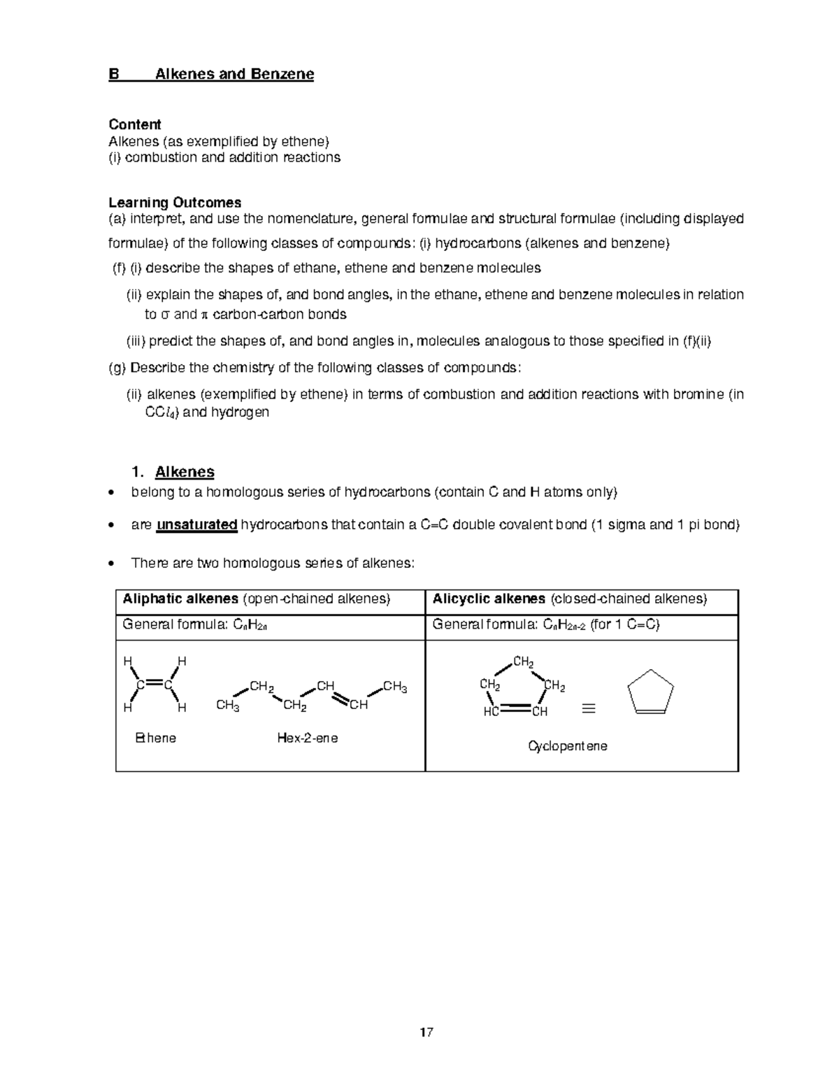 Alkenes & Benzene Lecture Notes - B Alkenes and Benzene Content Alkenes ...
