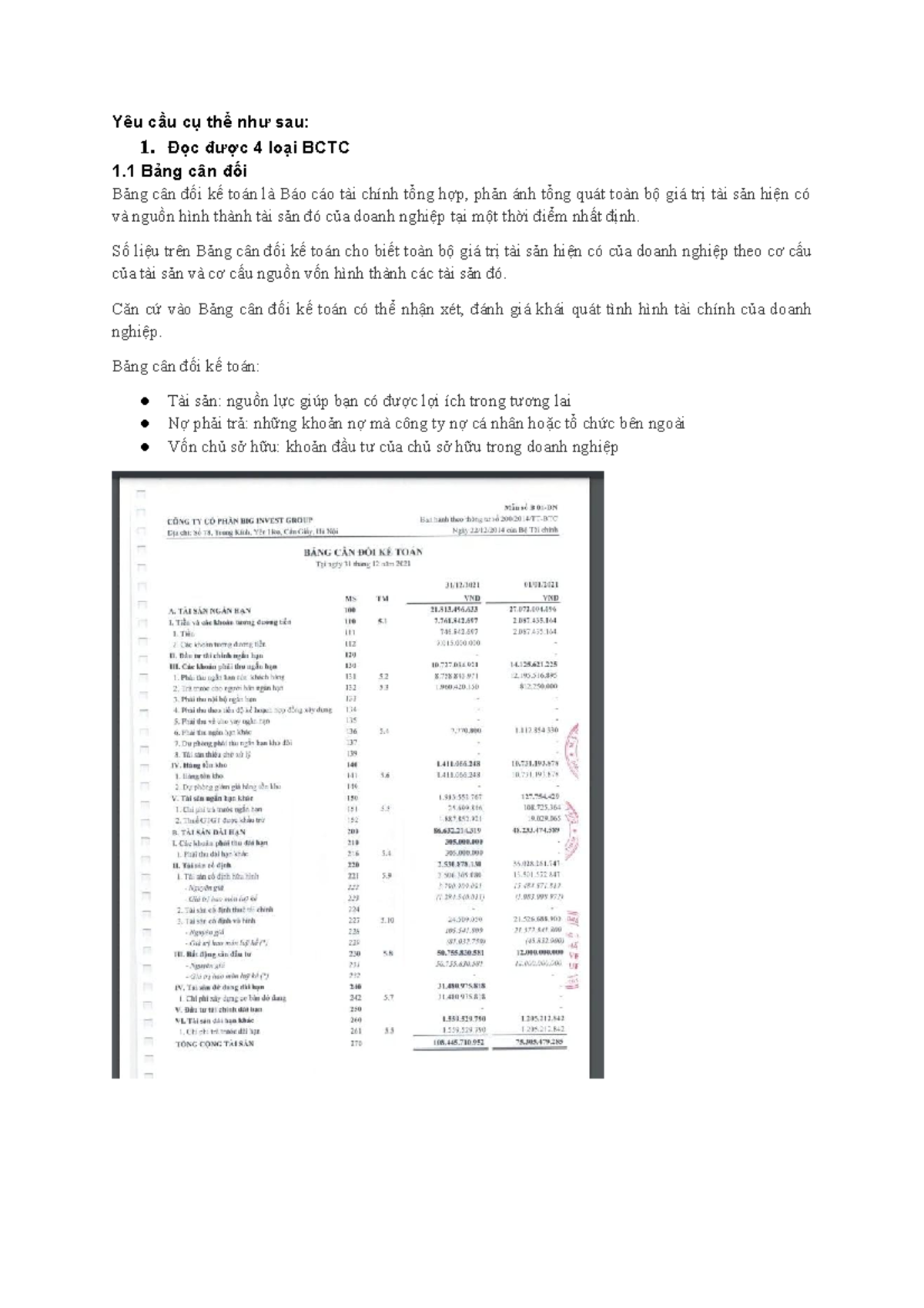 Phân tích BCTC - bài tập nhóm - Y攃Ȁu ĉɡu c甃⌀ tĥɮ nh甃ᬀ sau: 1. Đ漃⌀c đ甃ᬀ̛ᮒc 4 lo愃⌀i BCTC 1 Bảng ...