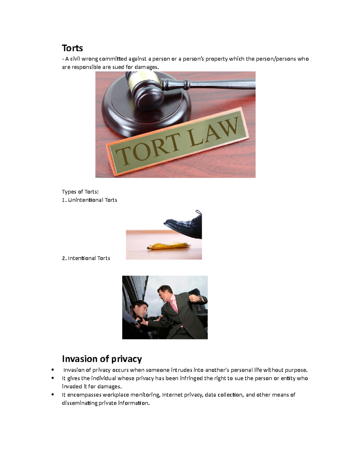 Torts and Invasion of Privacy- Nursing Jurisprudence - Torts A civil ...