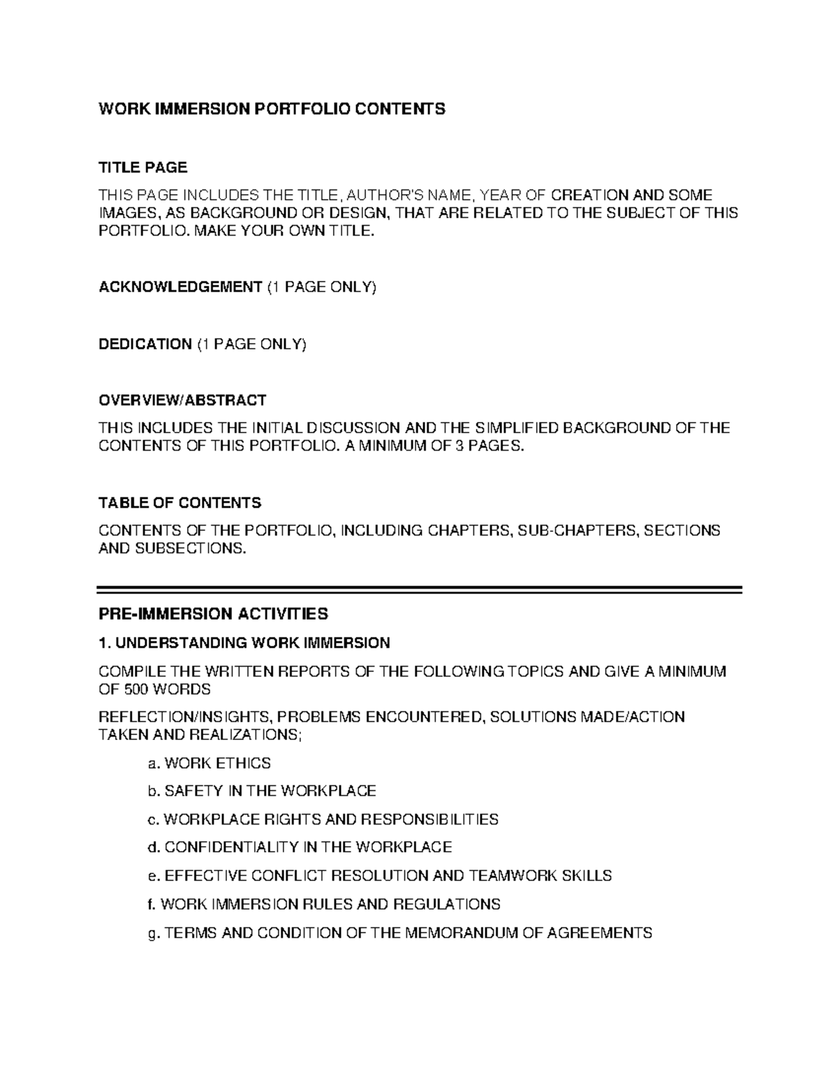 Work Immersion Portfolio Contents - WORK IMMERSION PORTFOLIO CONTENTS ...