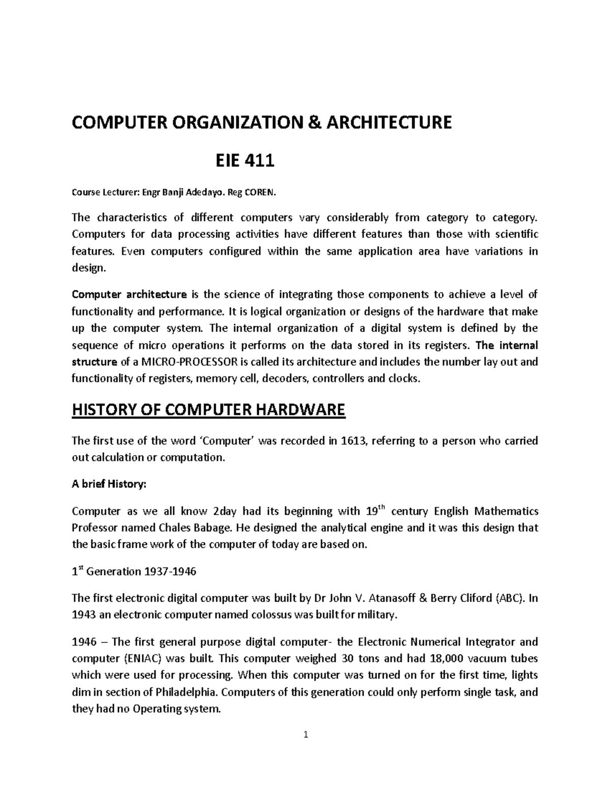 EIE 411 NEW Course Lecture NOTE - COMPUTER ORGANIZATION & ARCHITECTURE ...