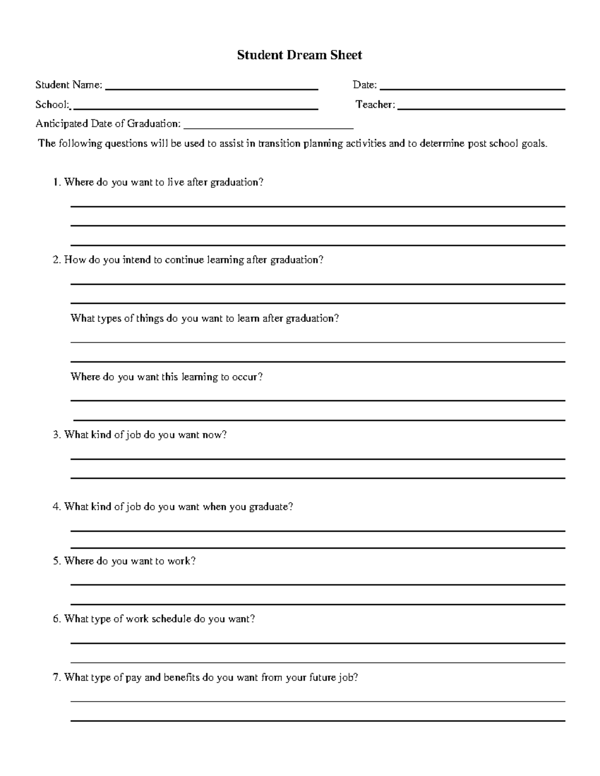 Student Dream Sheet 1 - Student Dream Sheet Student Name: Date: School ...