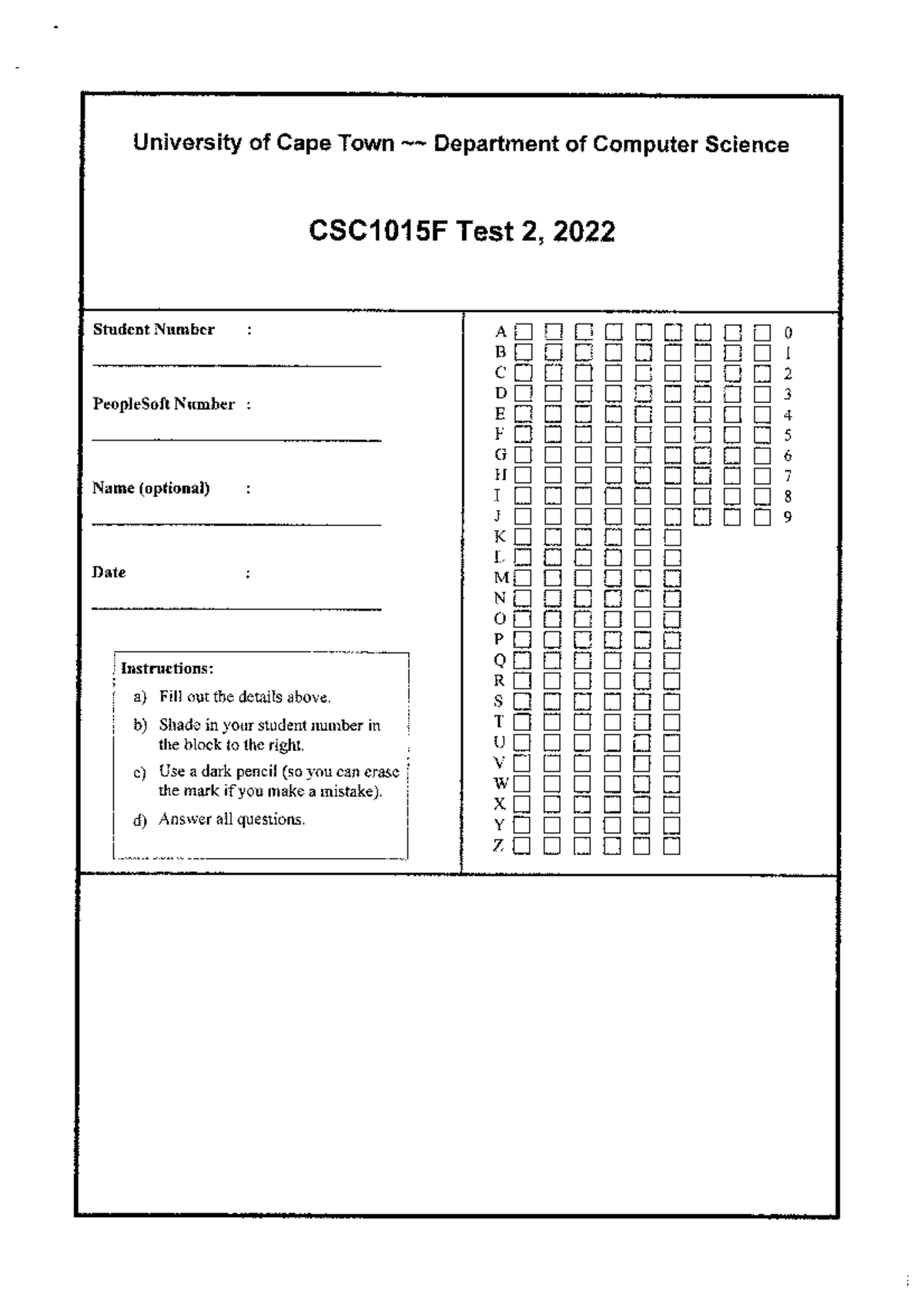 CSC1015F 2022 Test2 - past paper for commuter science for test 2 ...