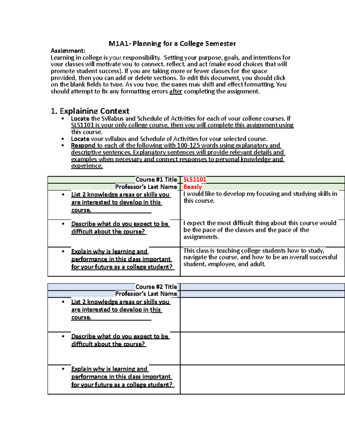 Ian smith m1a1 planning your semester - M1A1- Planning for a College ...