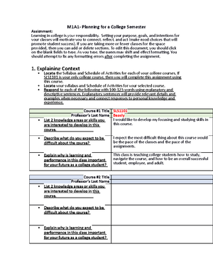 M1A1 Assignment - M1A1- Planning for a College Semester Assignment ...