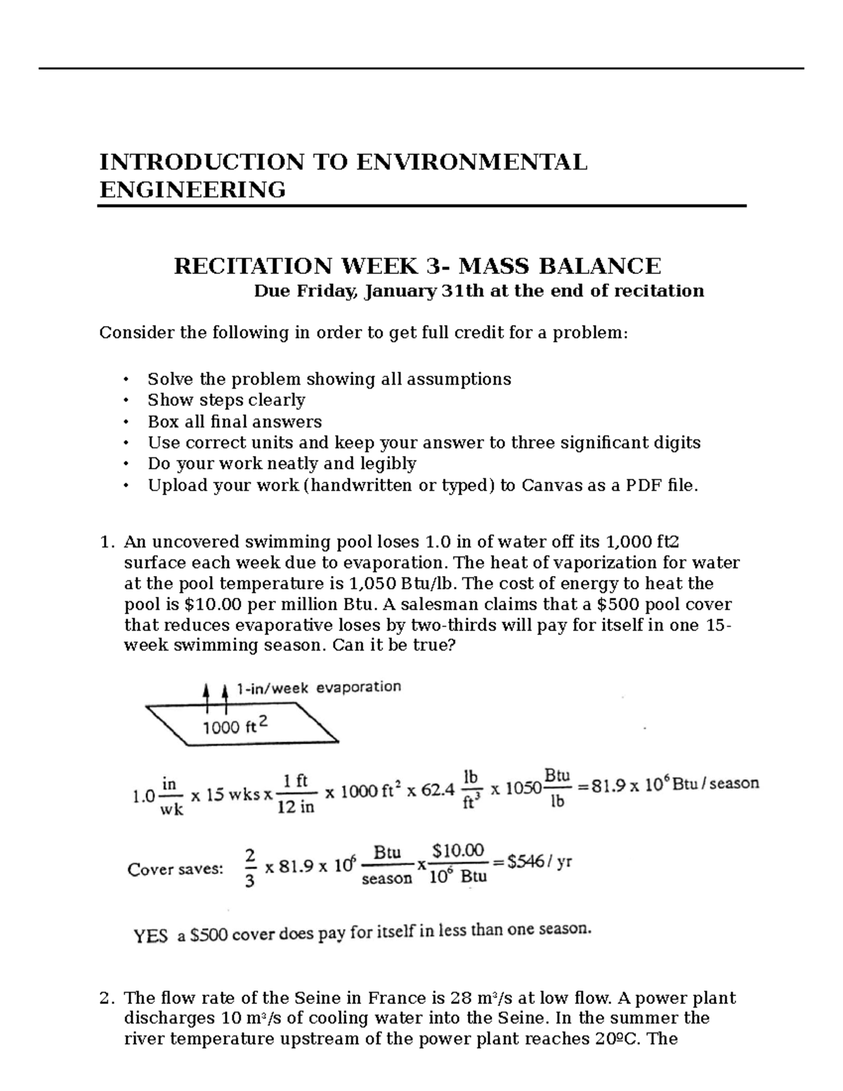 Recitation Week 3 Energy Balance and Chemistry Solutions - INTRODUCTION ...